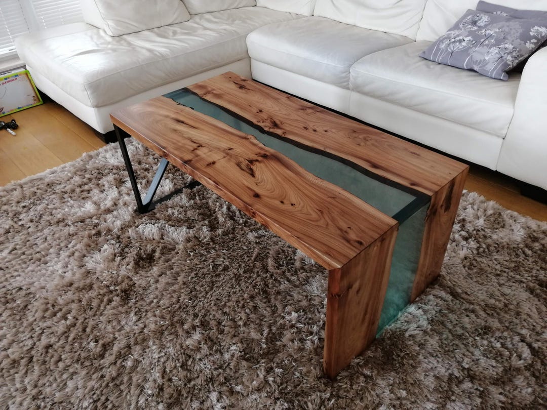 Live Edge Epoxy Waterfall River Table / Elm Wood and Turquoise Blue ...
