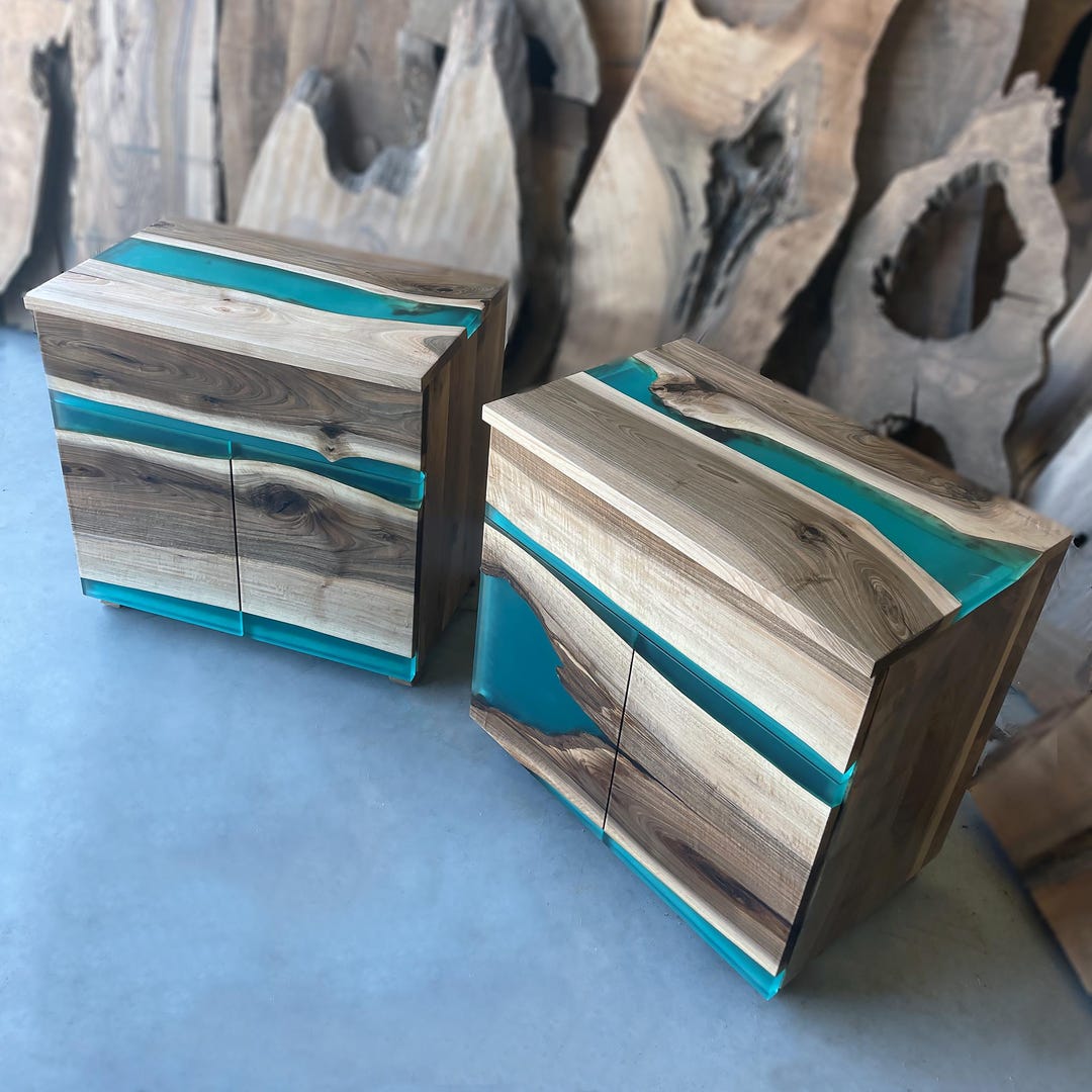 Modern Nightstand Made of European Walnut Slabs and Turquoise Epoxy ...