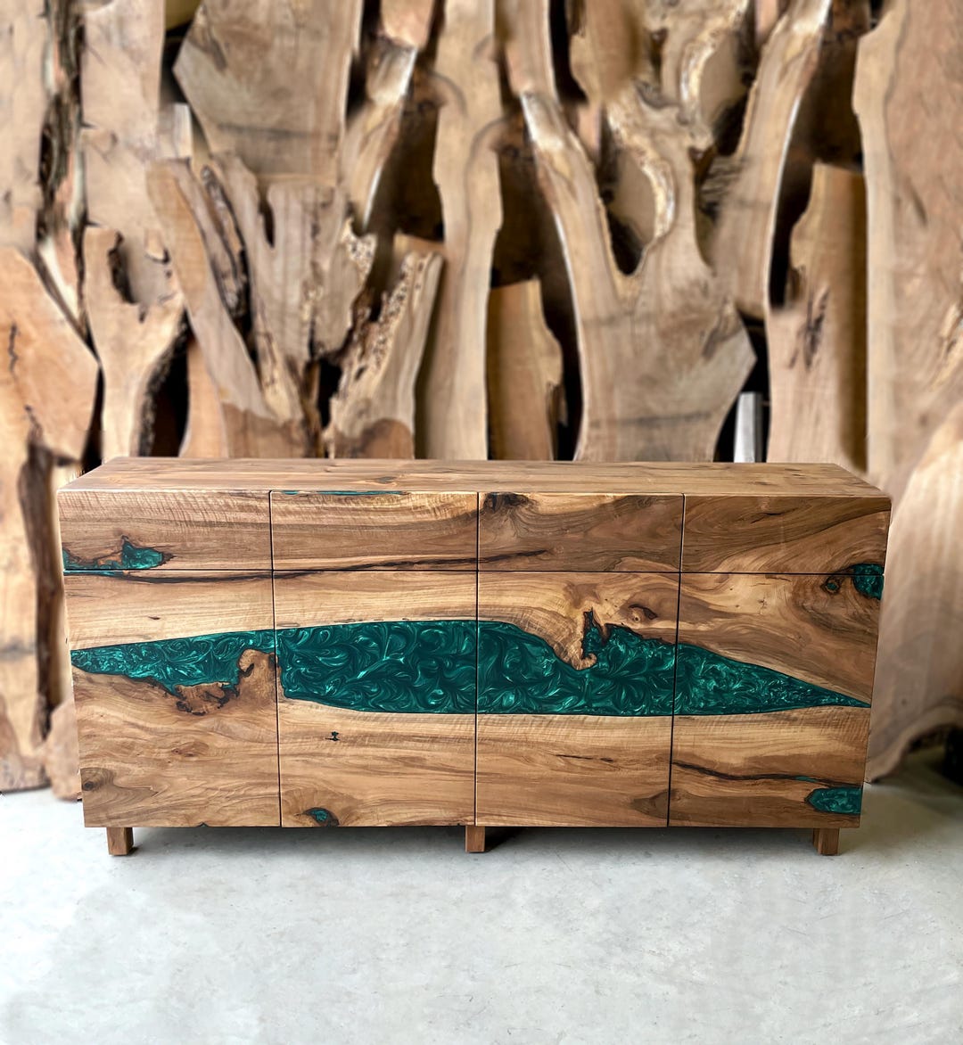 Green Epoxy Buffet Cabinet With Drawers / Wood and Epoxy Resin Credenza ...