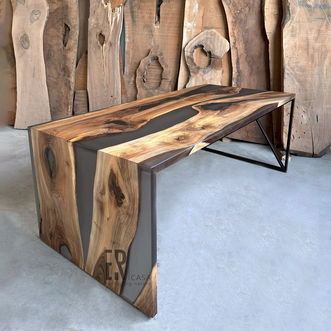 Custom Epoxy Dining Table / Epoxy Waterfall Table / Wood and Sheer Black Epoxy Resin Dining Room ...