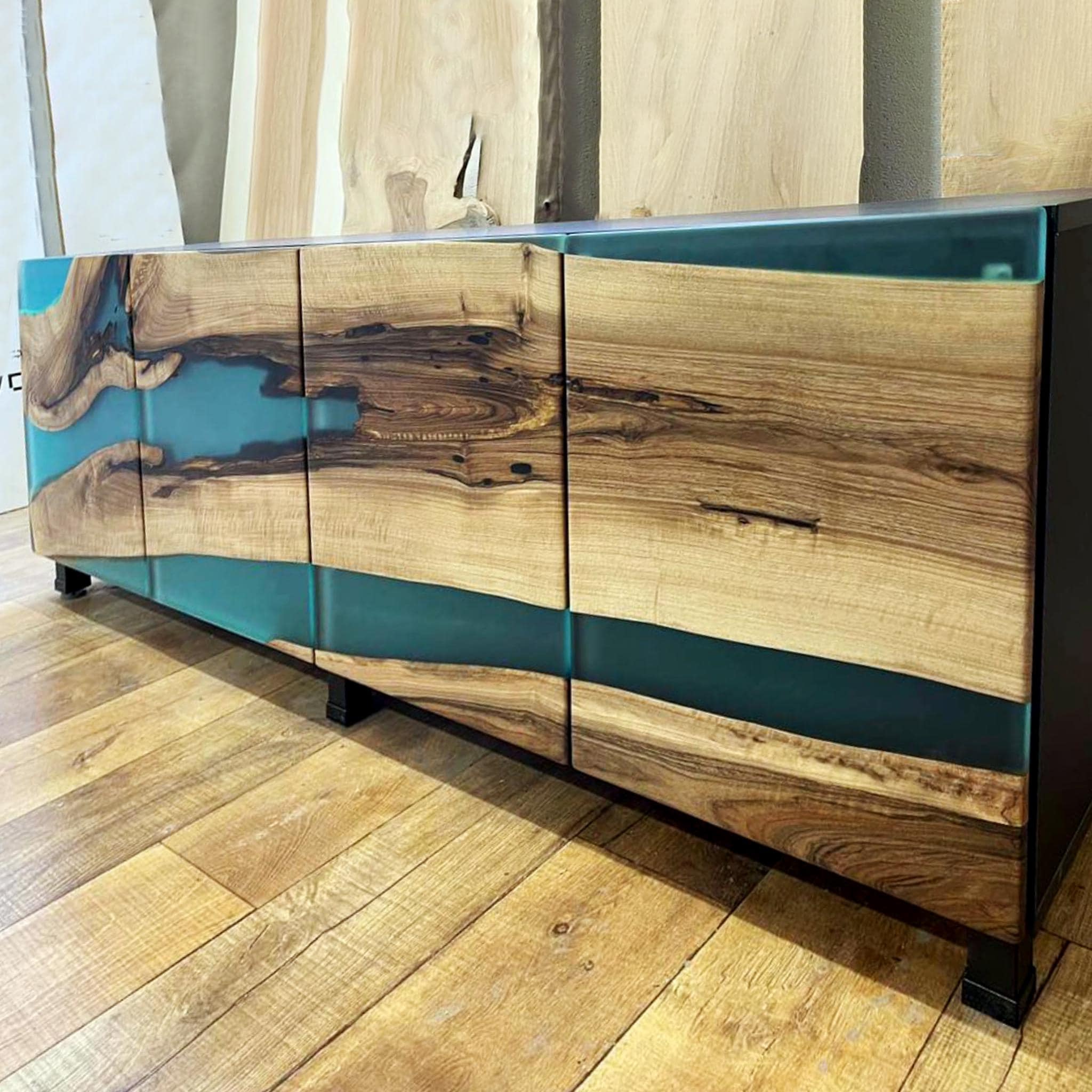 Walnut Wood and Teal Epoxy Sideboard / Office Credenza / Modern Buffet ...
