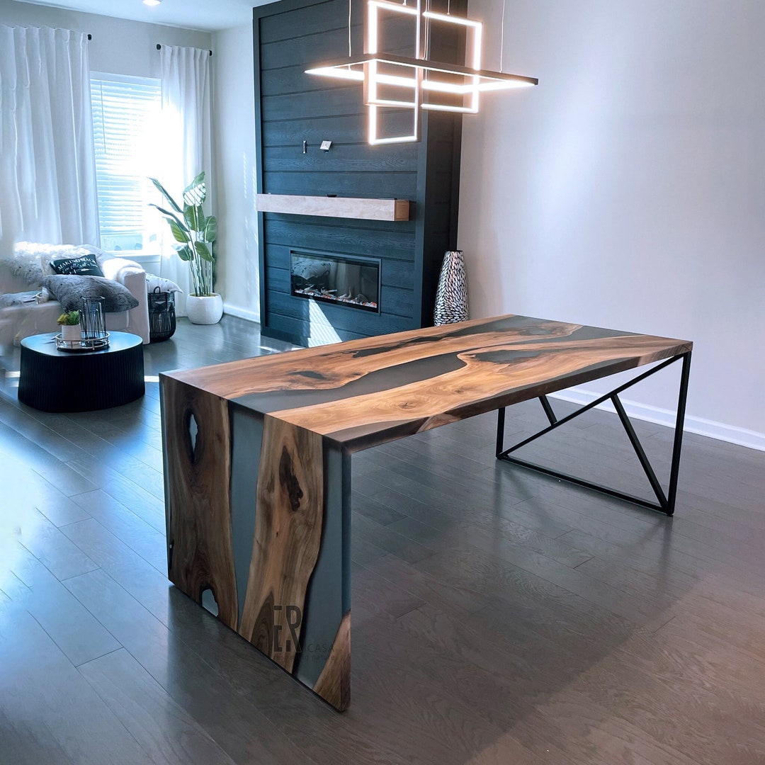 Modern Wood and Epoxy Dining Table /custom Epoxy Waterfall Table/conference Table Sheer Black ...