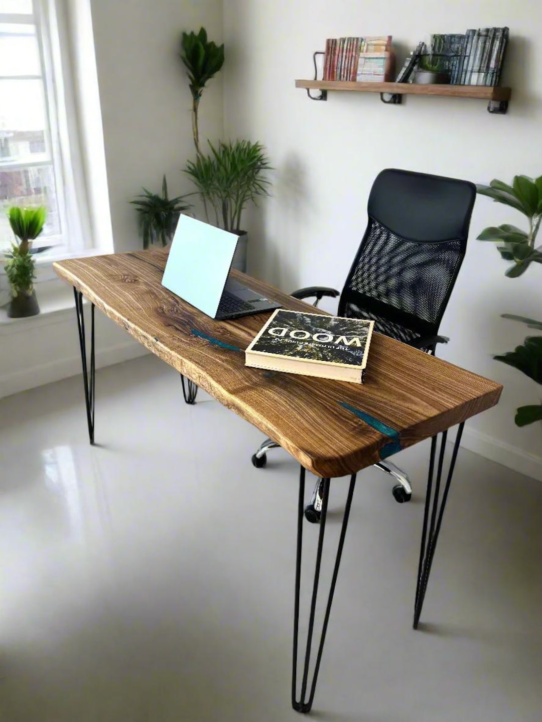 Desk / Live Edge Wood Desk / Acacia Slab With Turquoise Resin / Hairpin ...