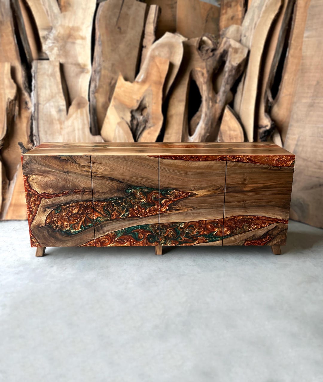 Modern Walnut Wood and Bronze Green Epoxy Credenza /media Console ...