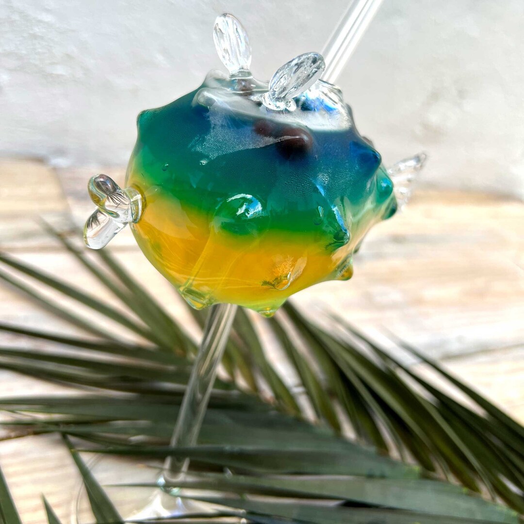 Puffer Fish Cocktail Glass Set: Tropical Tiki Barware With Glass Straw ...