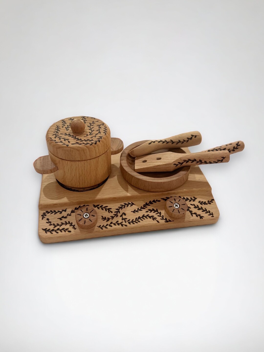 Mini Wooden Pretend Stove With Kitchen Tools Woodburned by Hand Wooden ...