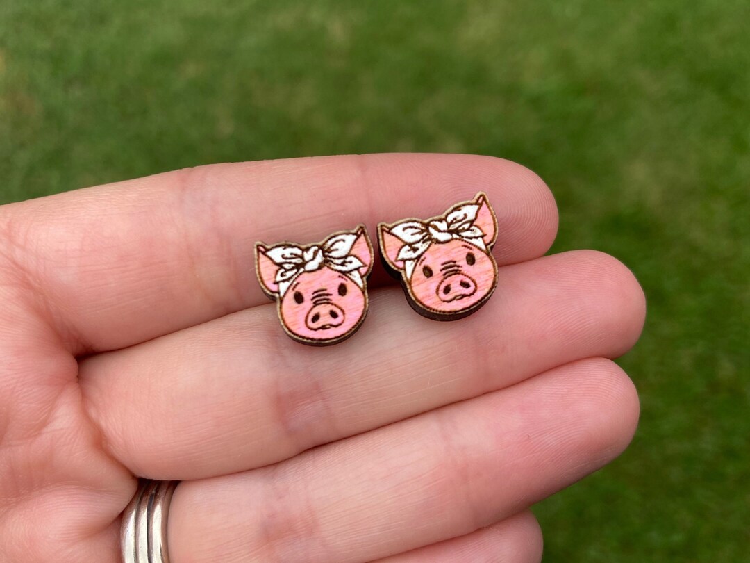 Pig Stud Earrings, Wood Pig Studs, Farm Animal Earrings, Pig Bandana ...