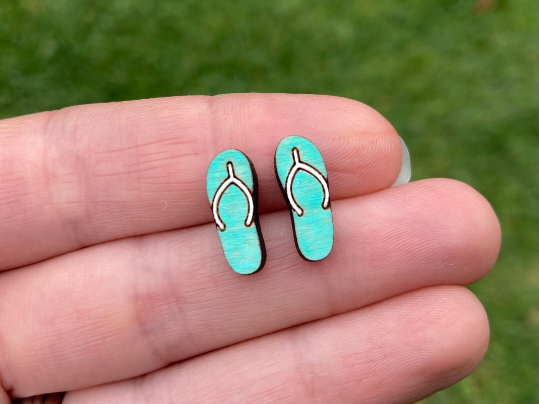 Flip Flop Stud Earrings, Wood Sandals Studs, Teal Flip Flop Earrings ...