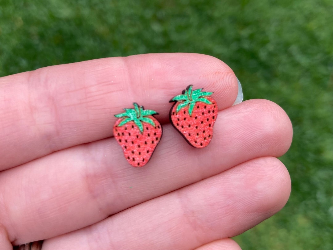 Strawberry Stud Earrings, Wood Fruit Studs, Red Strawberry Earrings ...