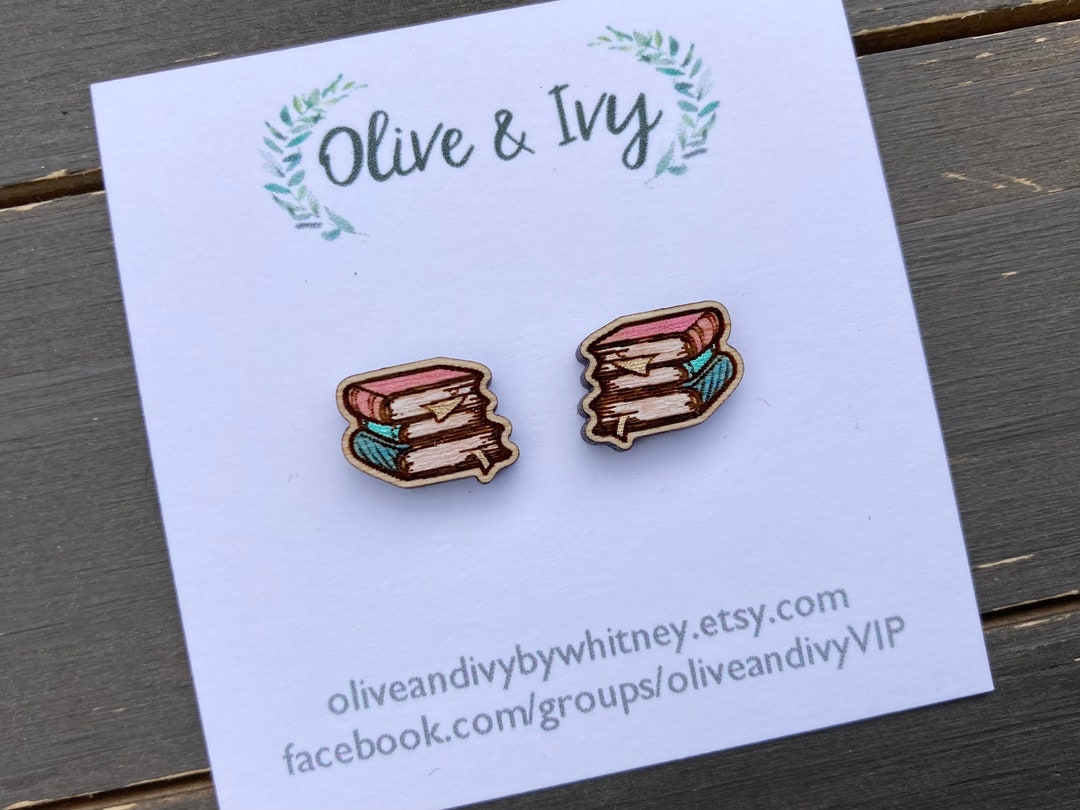 Book Stud Earrings, Small Reader Gift, Book Lover Jewelry, Wood Stud ...