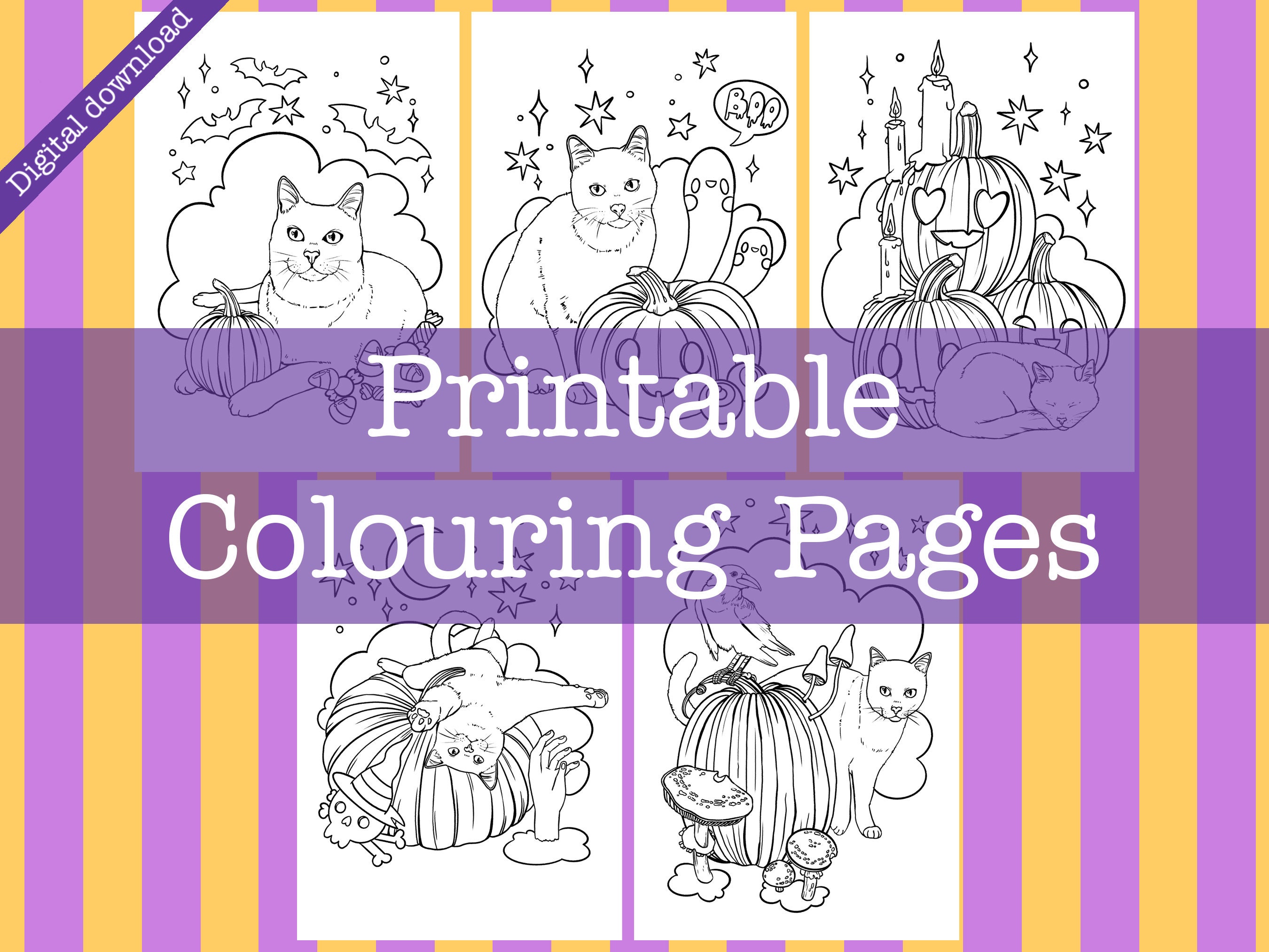 5 Printable Cats and Pumpkins Colouring Pages PDF Digital - Etsy