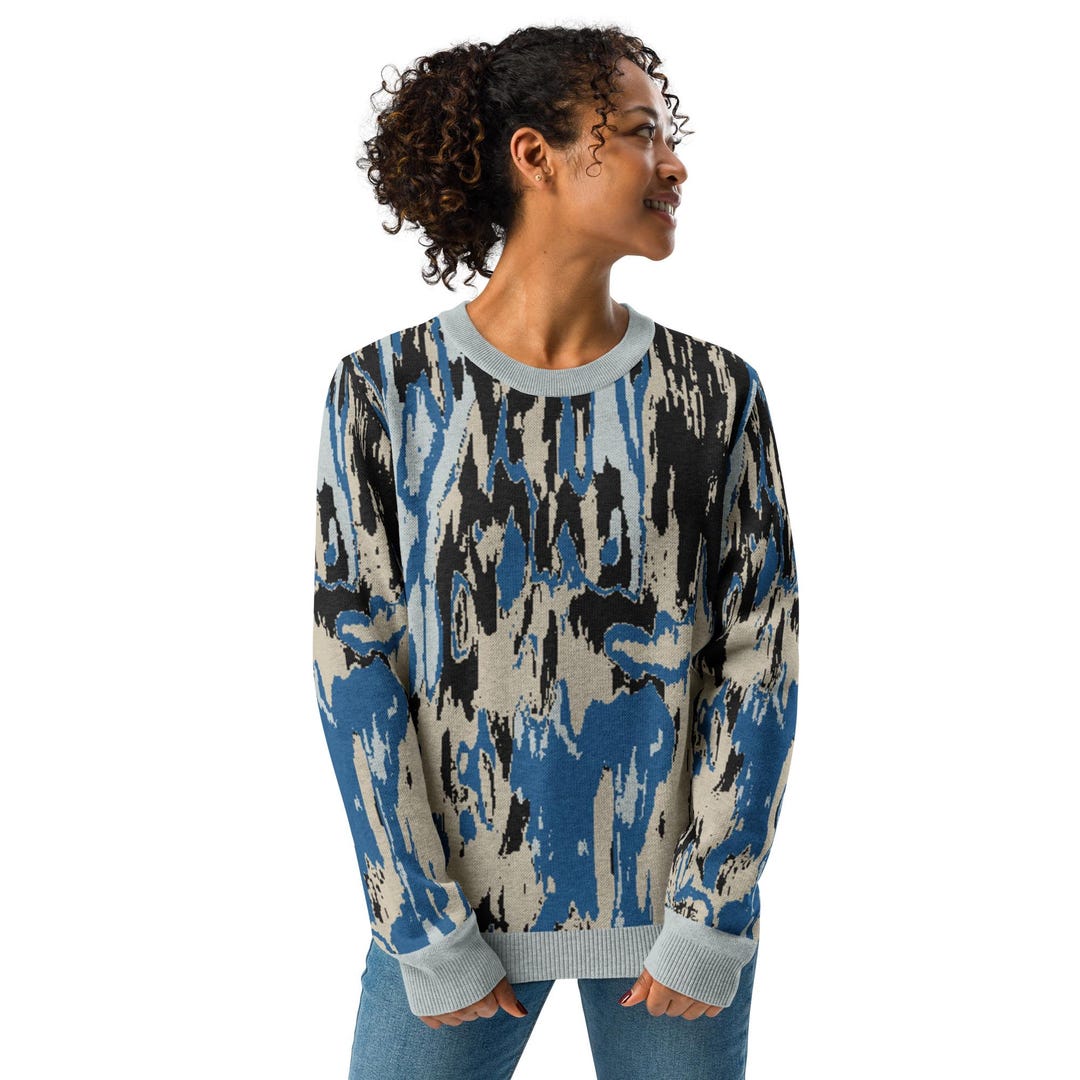 Knit Blue Sweater, Beige Abstract Design, Cozy Winter Fashion, Ski and ...