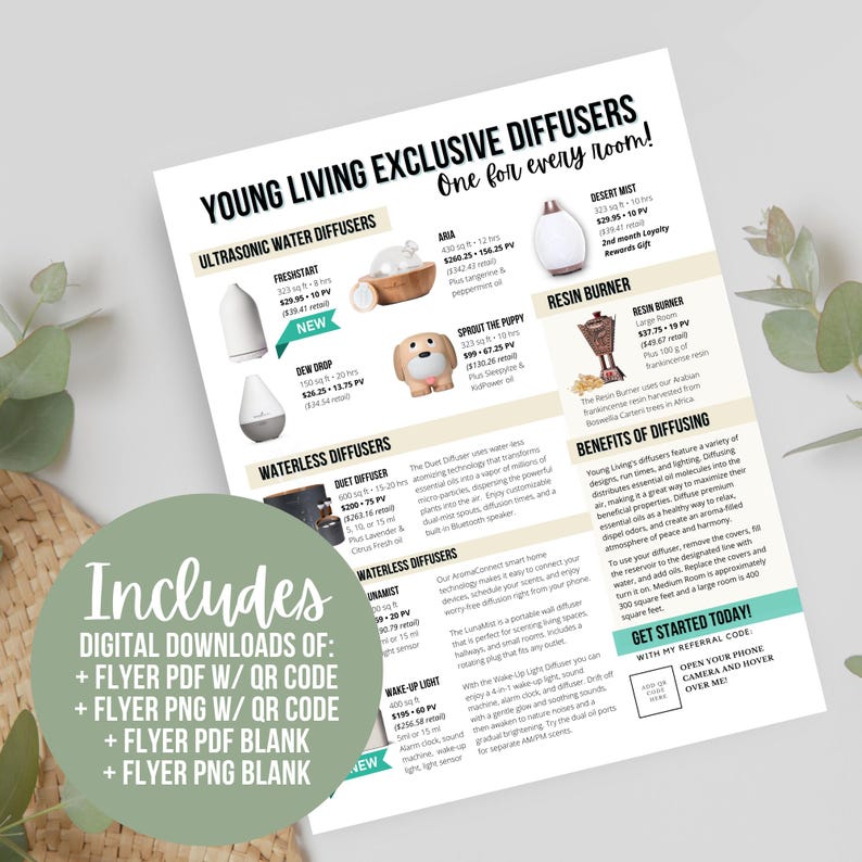 NEW Young Living Diffuser Flyer - Desert Mist, Aria, Duet, Aromaconnect ...