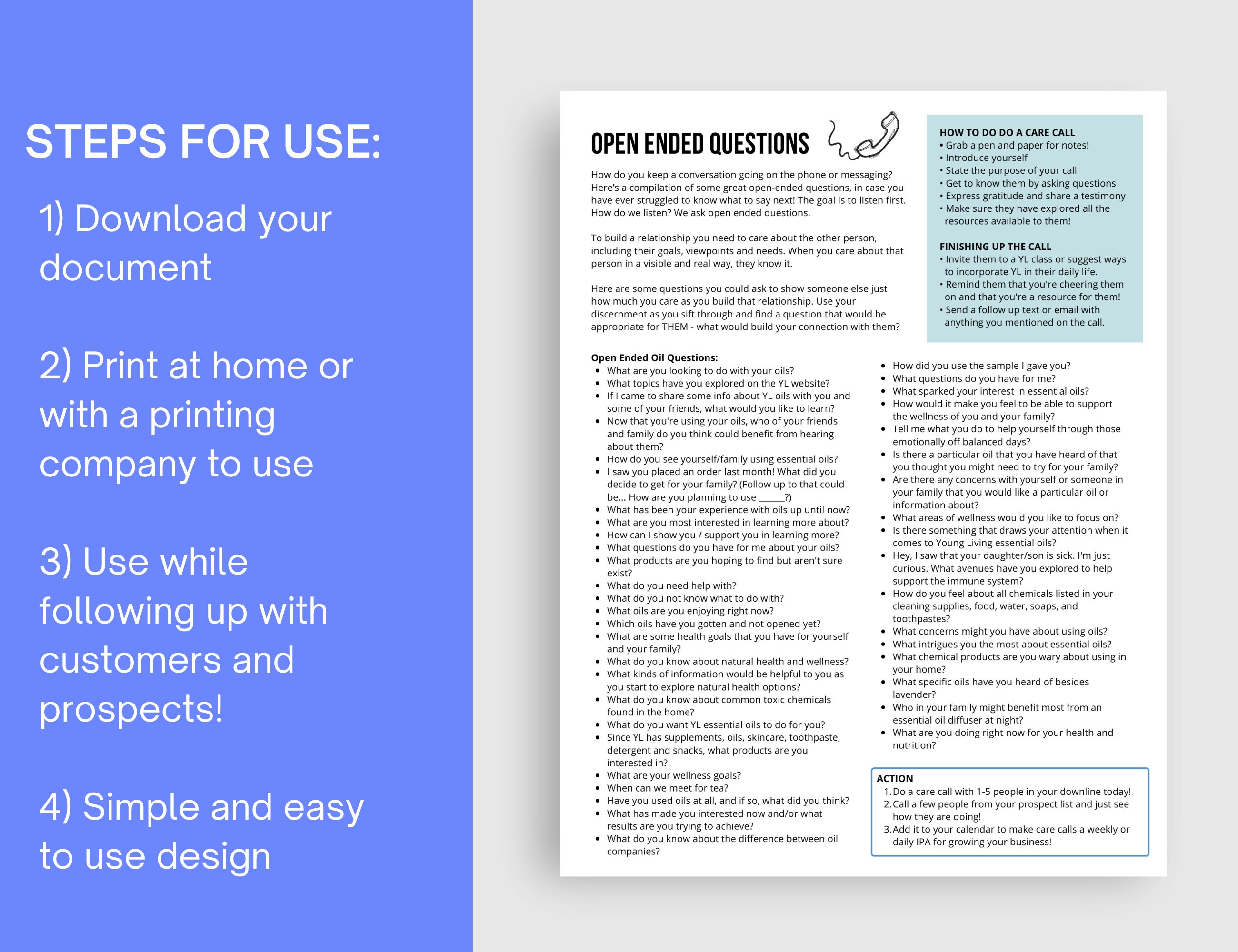 Open Ended Questions Flyer for Care Calls and Messaging Young Living ...