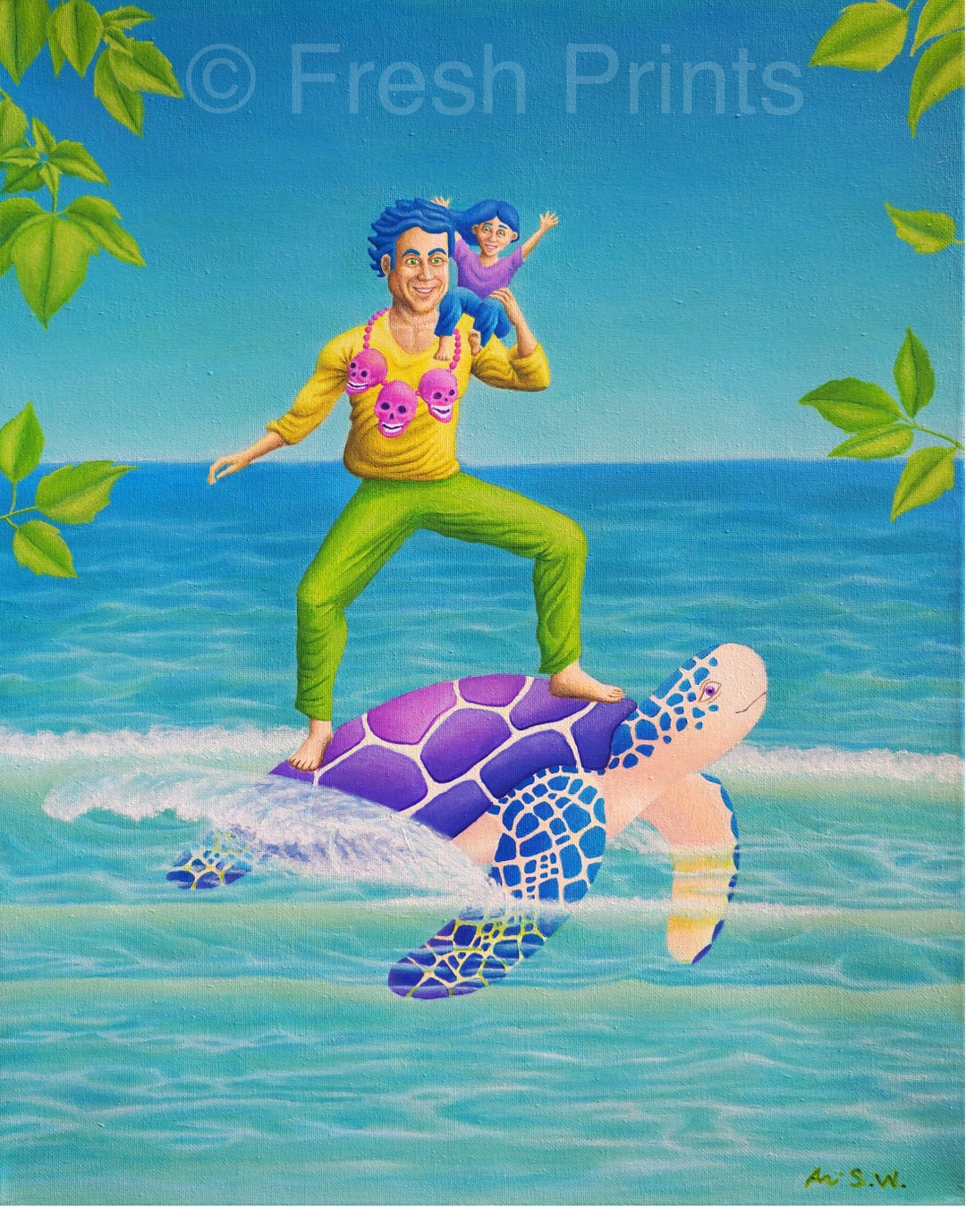 Turtle Surfing, Art, Print, Ocean, Drawing, Painting, Mixed Media ...
