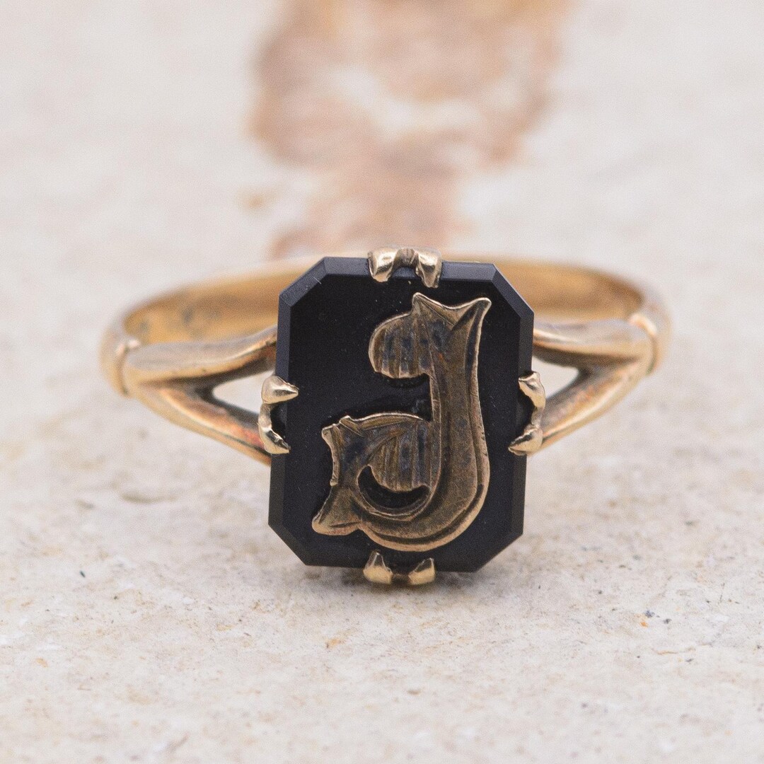 9ct Gold Black Onyx Initial Ring UK Size M US Size 6.25 Initialled j - Etsy