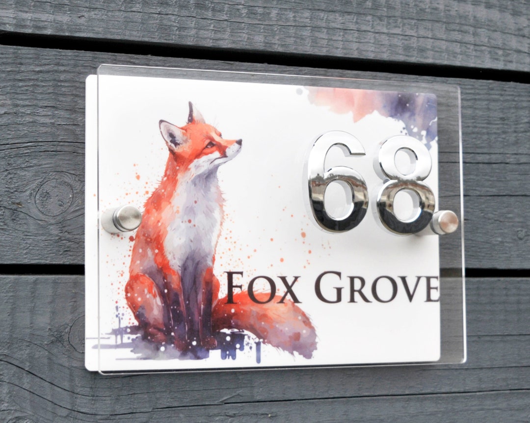 House Number Sign Water Colour Fox Design/modern Contemporary Colourful ...
