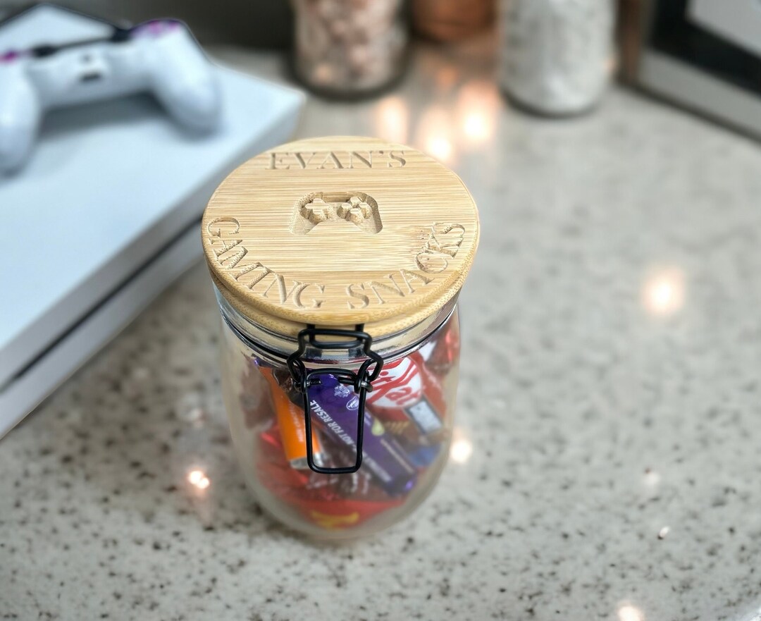 Personalised Gaming Snack Airtight Glass Storage Jar Stylish Carved ...