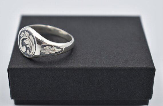 Hand Engraved Silver Leaf & Scroll Signet Ring | Etsy