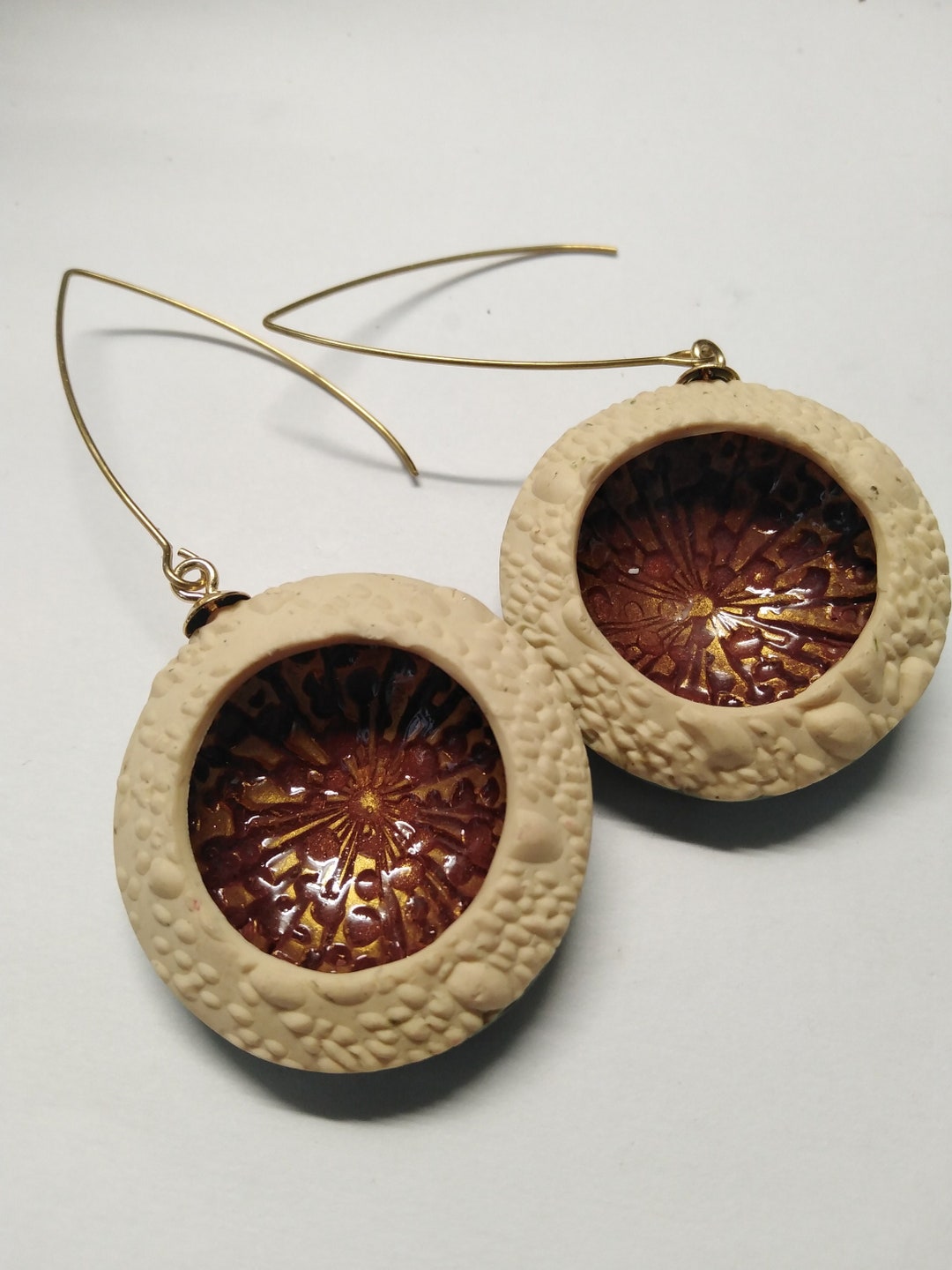 Convex Cream Sage Green Bronze and Gold Round Earrings - Etsy