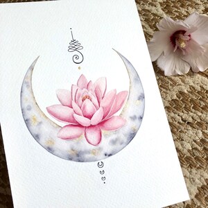 Lotus Flower and Moon Poster, Art Print of My Original Watercolor. - Etsy