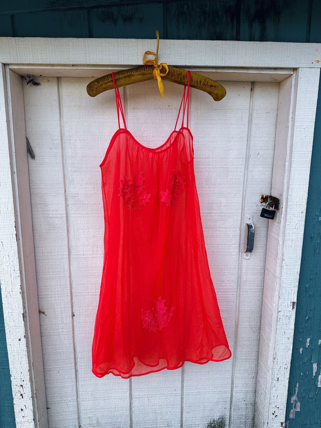 Vintage 60s 70s Sheer Red Floral Applique Babydoll Lingerie Dress Size ...