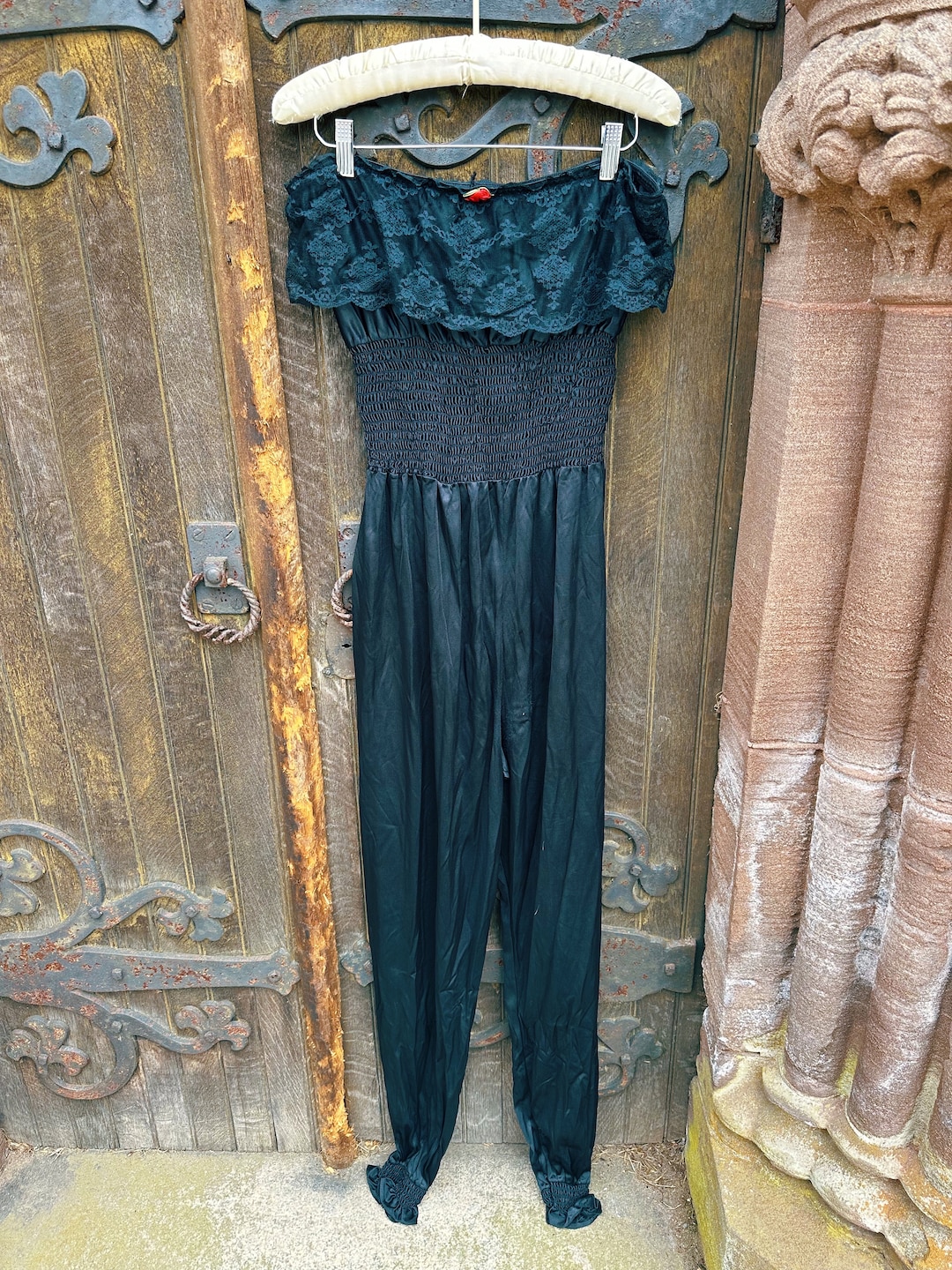 Vintage Undercoverwear Black Lace Blue Floral Appliqué Silky Jumpsuit ...