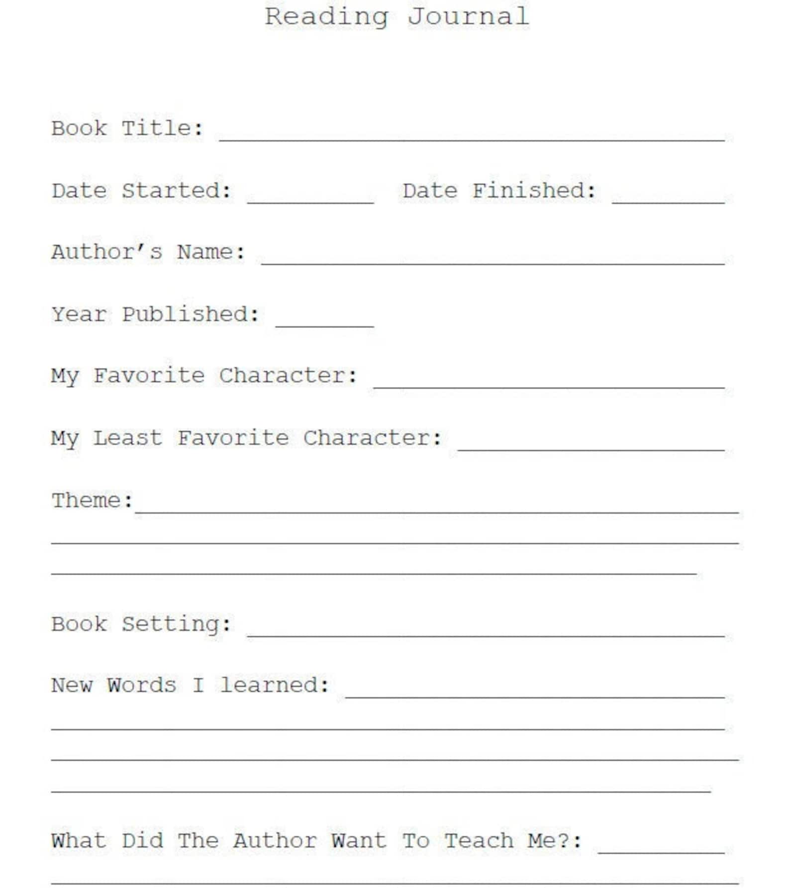 Kids Reading Journal Worksheet Printable. Multiple Fonts - Etsy