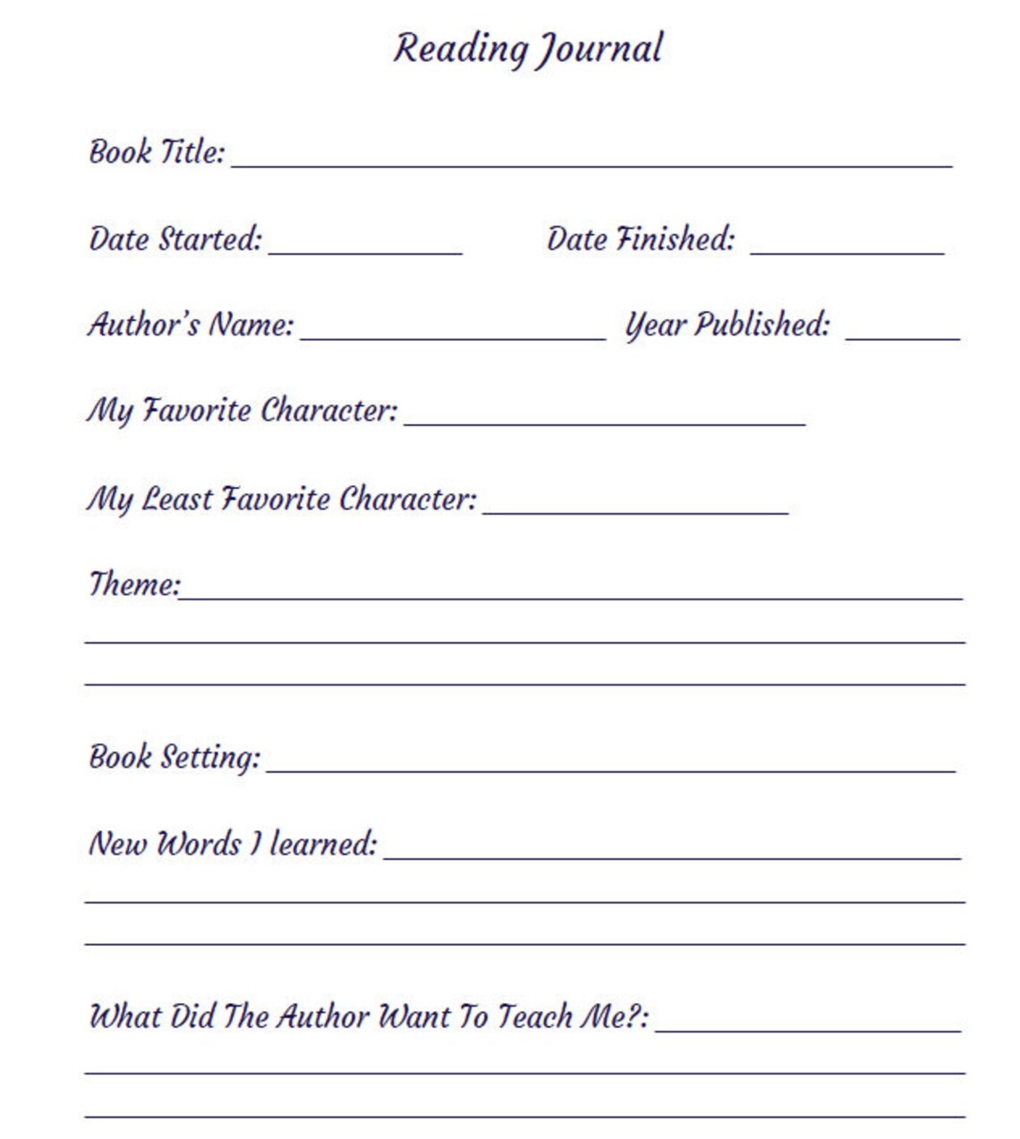 Kids Reading Journal Worksheet Printable. Multiple Fonts - Etsy