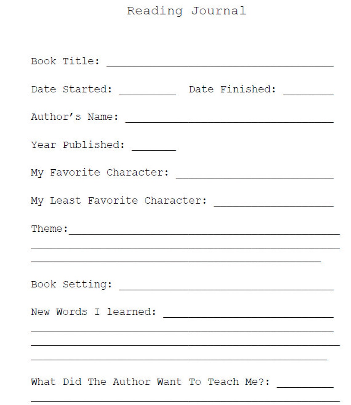 Kids Reading Journal Worksheet Printable. Multiple Fonts - Etsy