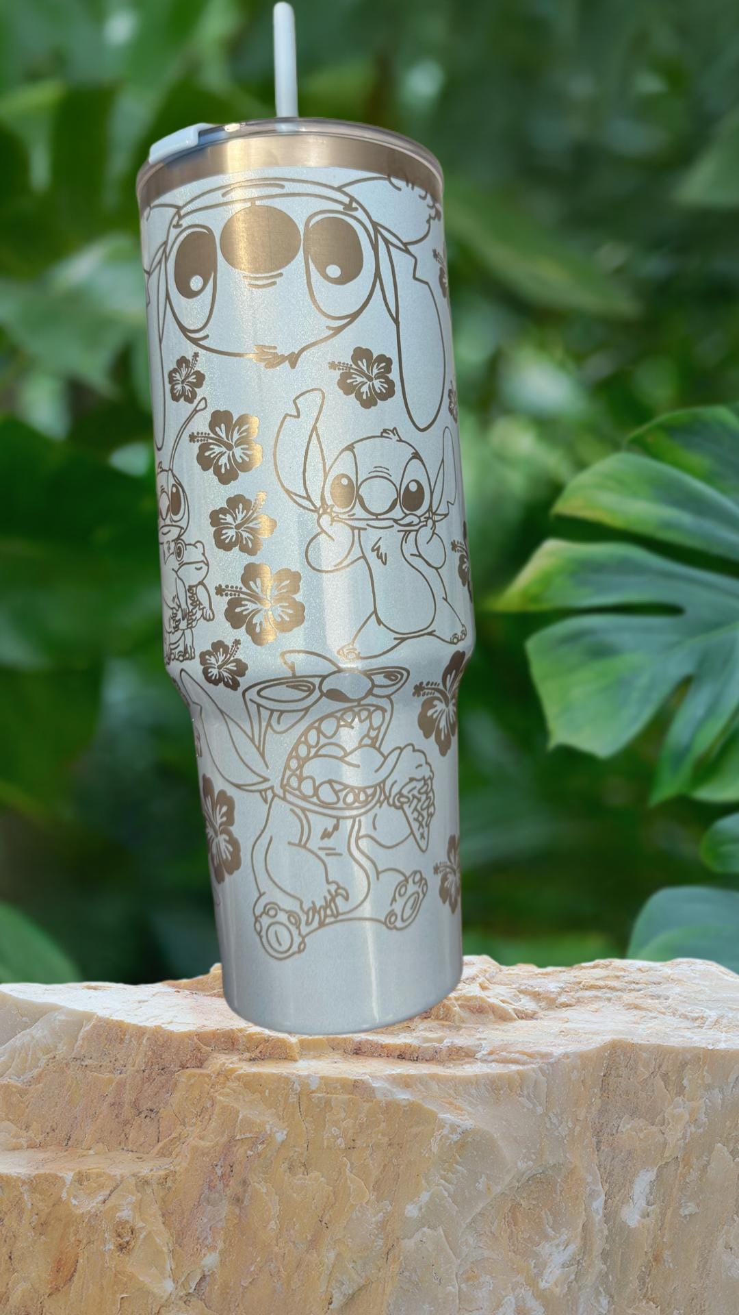 Floral Alien Stitch 40oz Engraved Tumbler, Shimmer Blue Character Cup ...