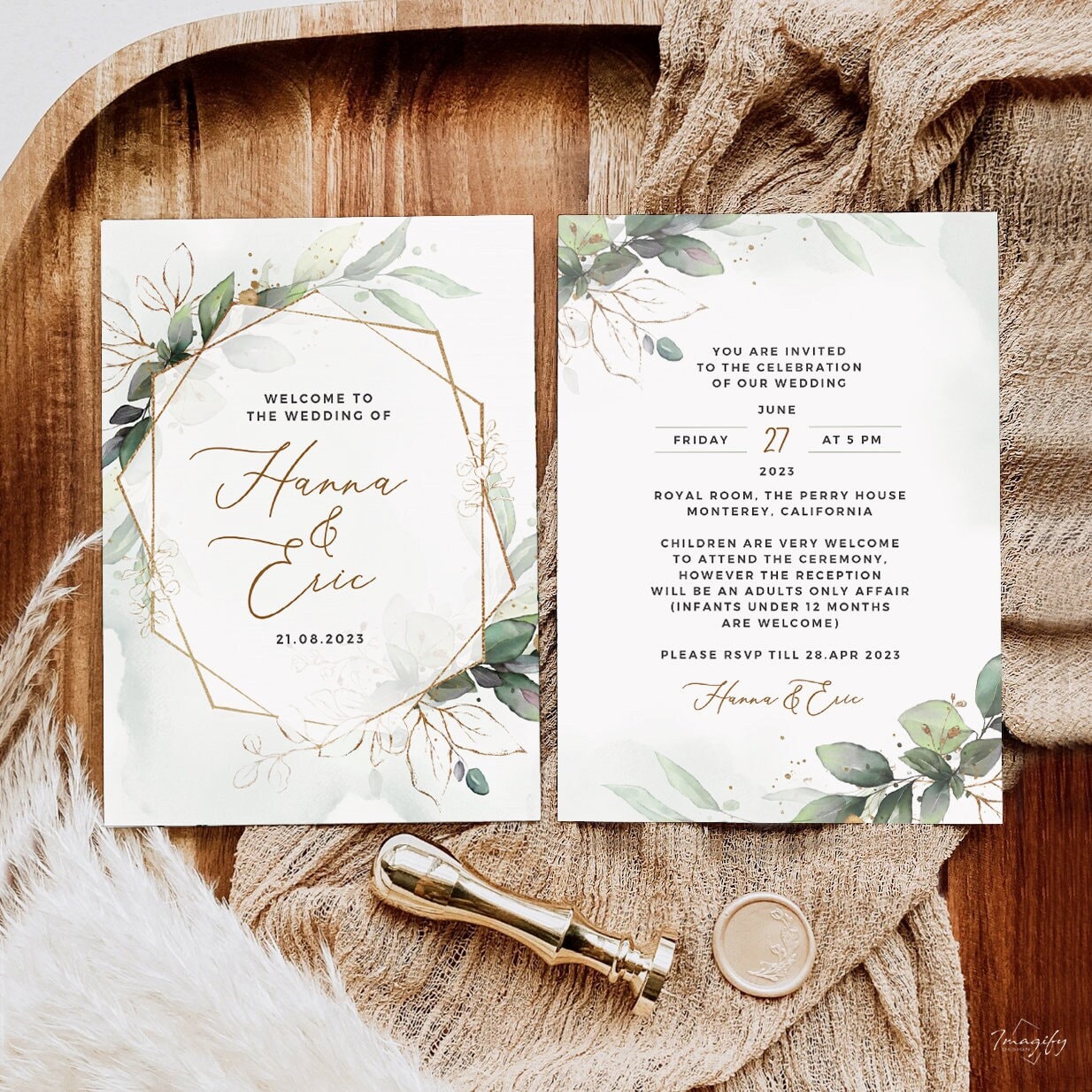 Printed or Digital Gold Green Eucalyptus Theme Wedding Invitations ...
