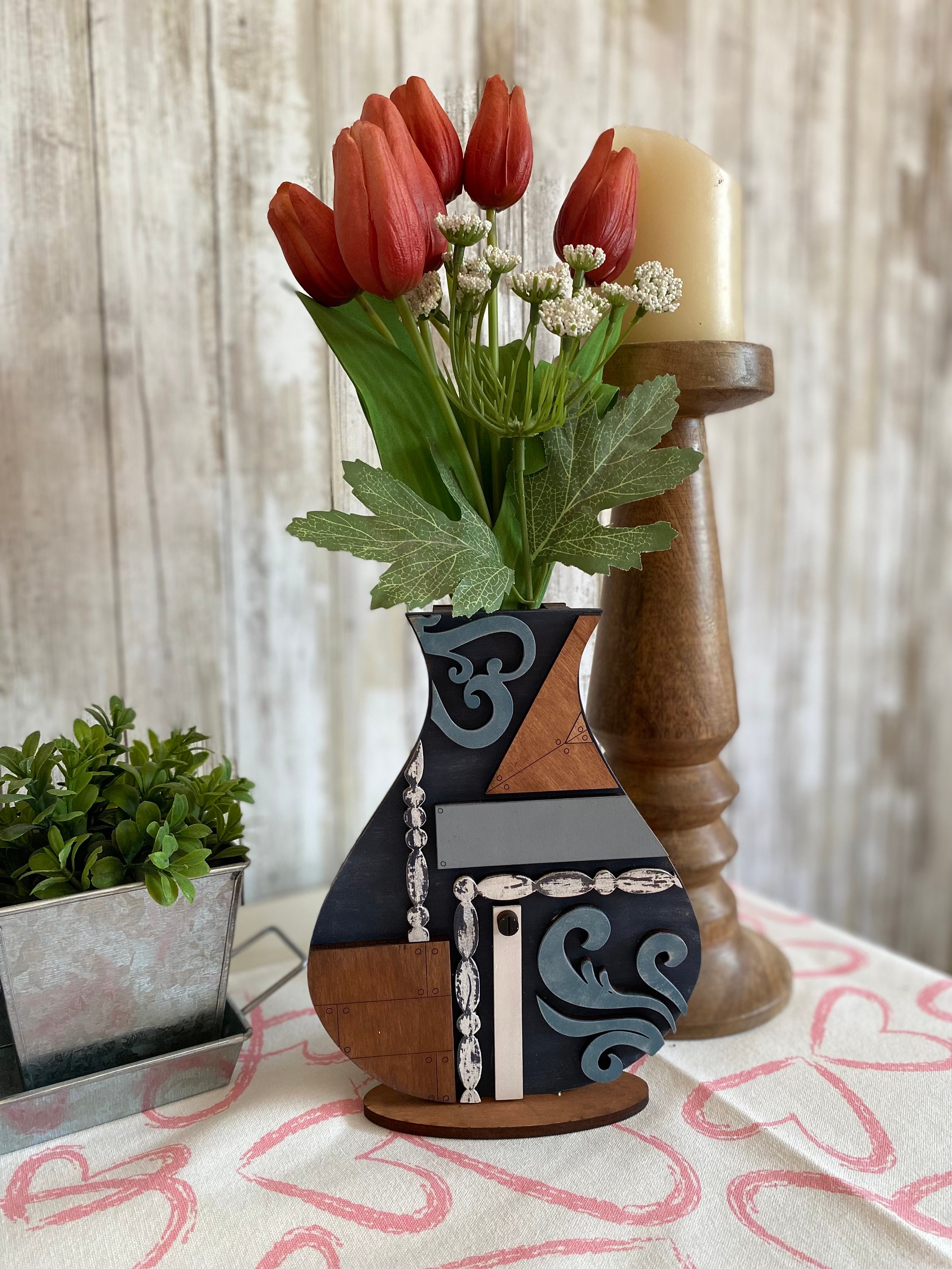 Rustic Wooden Vase, Vintage Rustic Flower Vase, Laser Cut Wood Decor ...