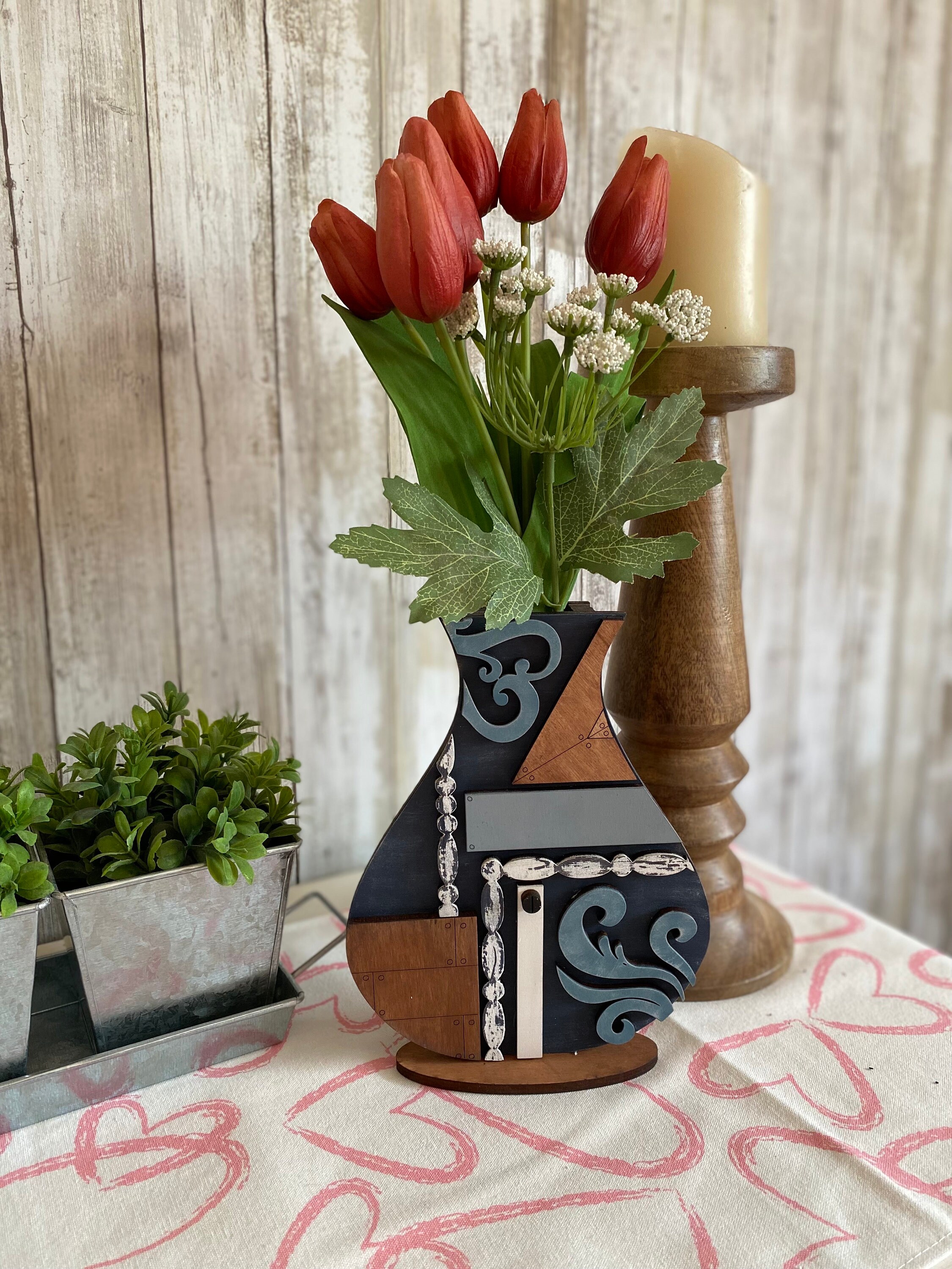 Rustic Wooden Vase, Vintage Rustic Flower Vase, Laser Cut Wood Decor ...