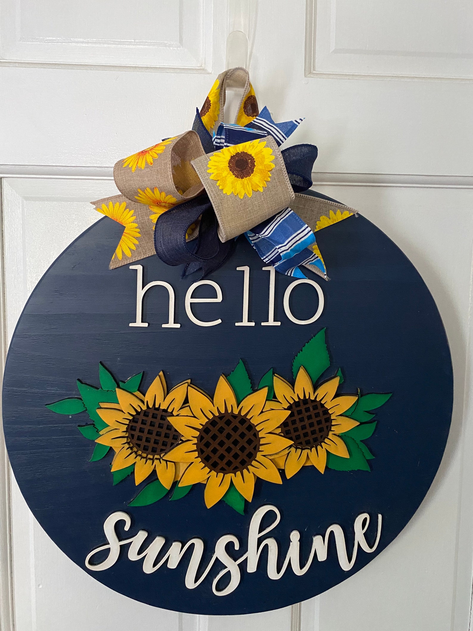 3D Hello Sunshine With Sunflowers Door Hanger Wooden Door Hanger Round ...