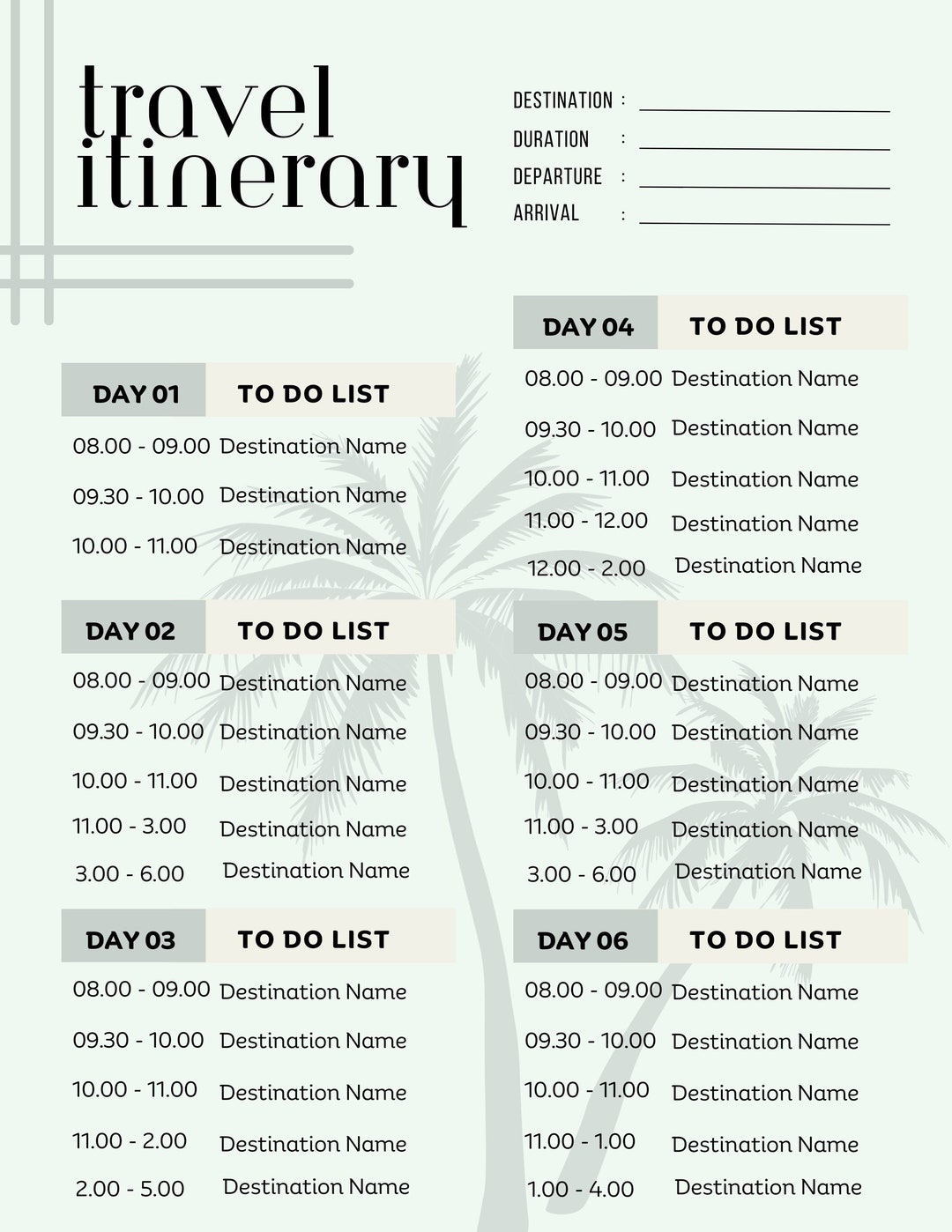 Travel Itinerary Template - Daily Planner - Summer Vacation Holiday ...