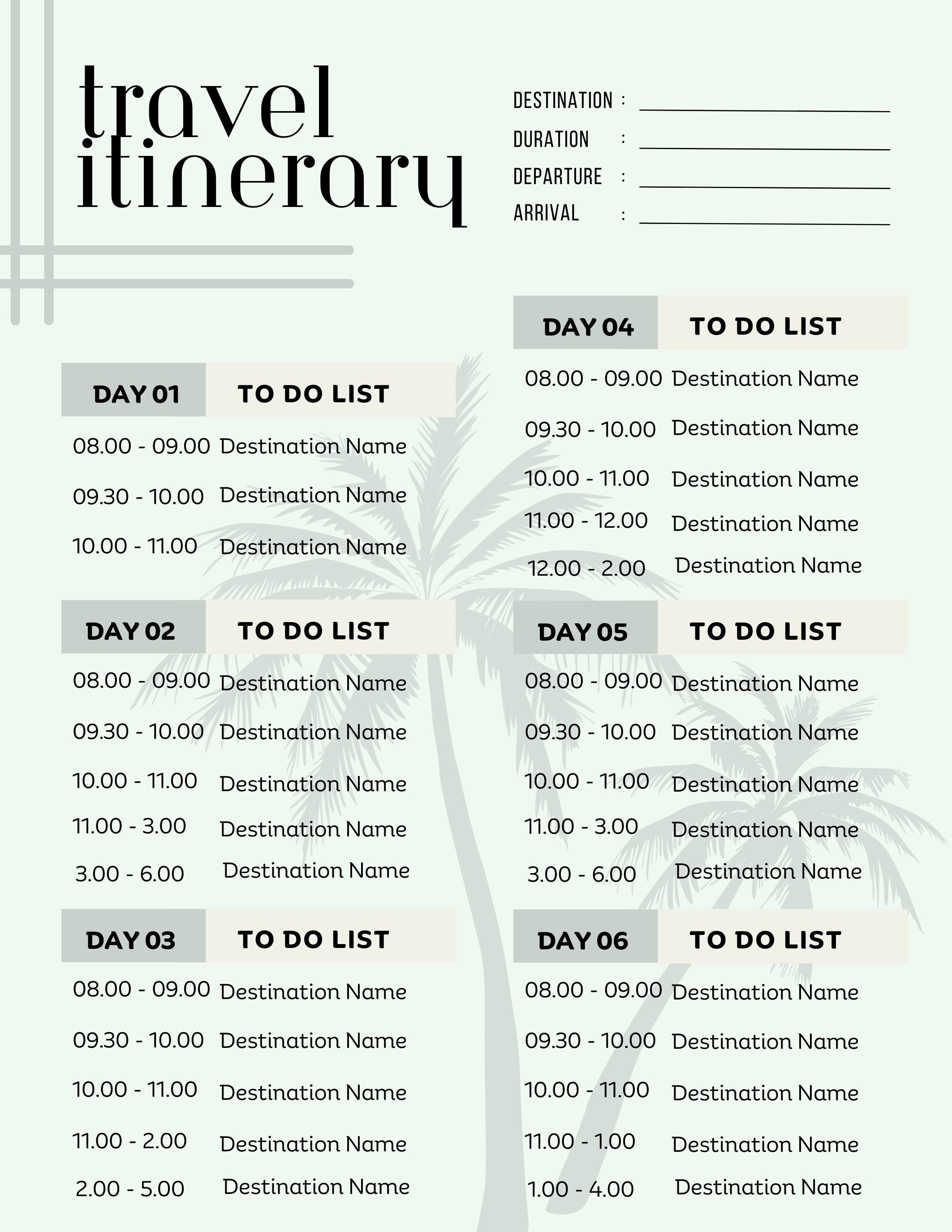 Travel Itinerary Template - Daily Planner - Summer Vacation Holiday ...