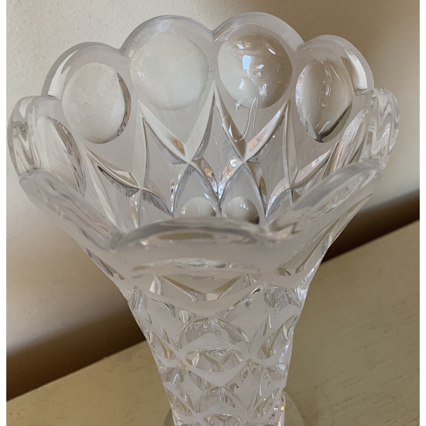 Vintage Crystal Cut Glass Vase With Etched Design and Starburst Base 8. ...