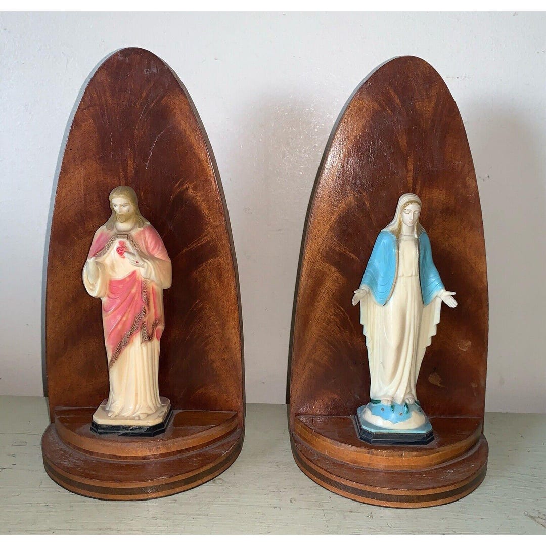 Set of Two Mary and Sacred Heart of Jesus Wooden Bookends With Statues ...