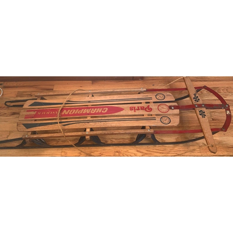 Vintage PARIS CHAMPION FASTBACK Wood Metal Snow Sled Ski Lodge Decor 55 ...
