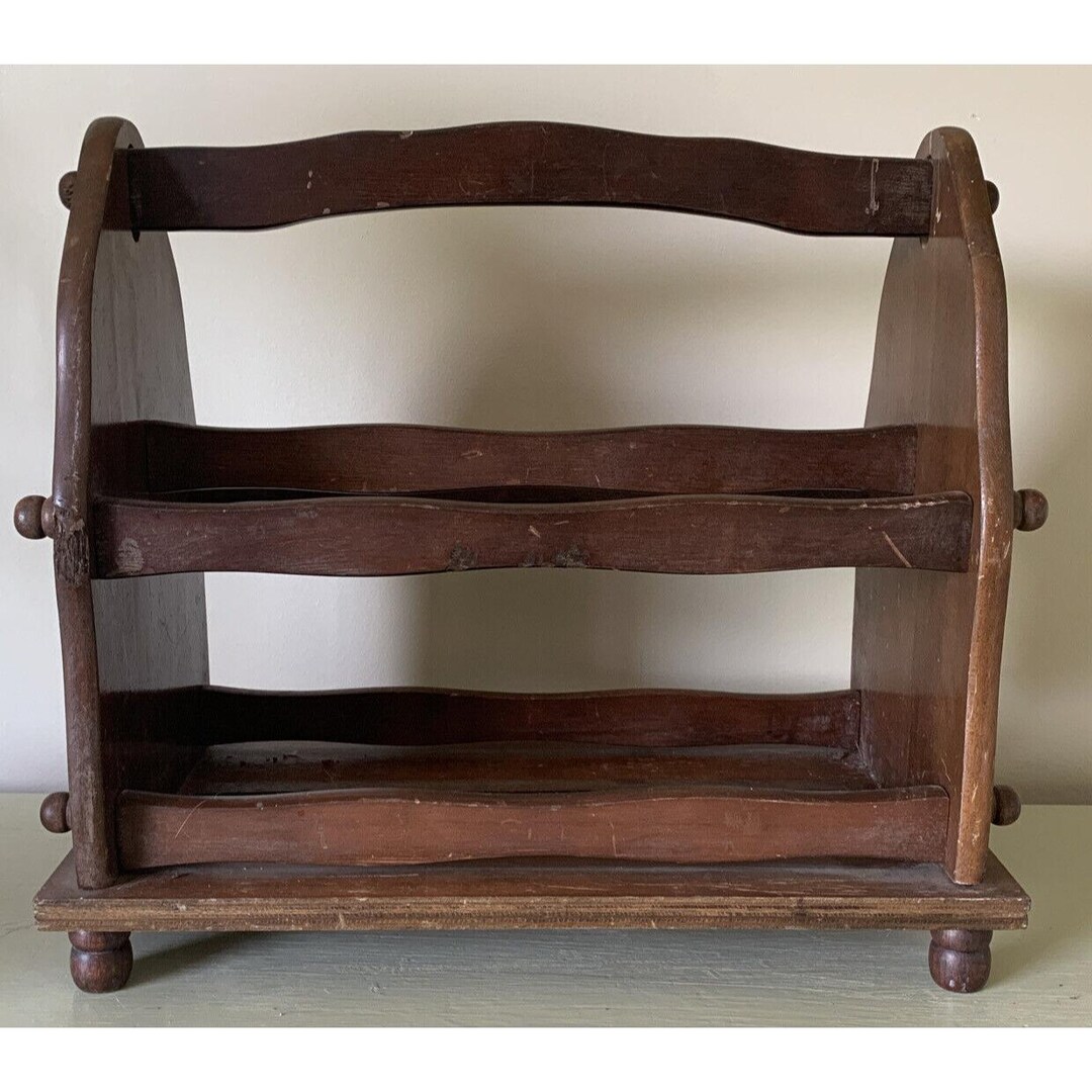 Vintage Wooden Magazine Rack STAND Newspaper Books Albums Handle Solid ...
