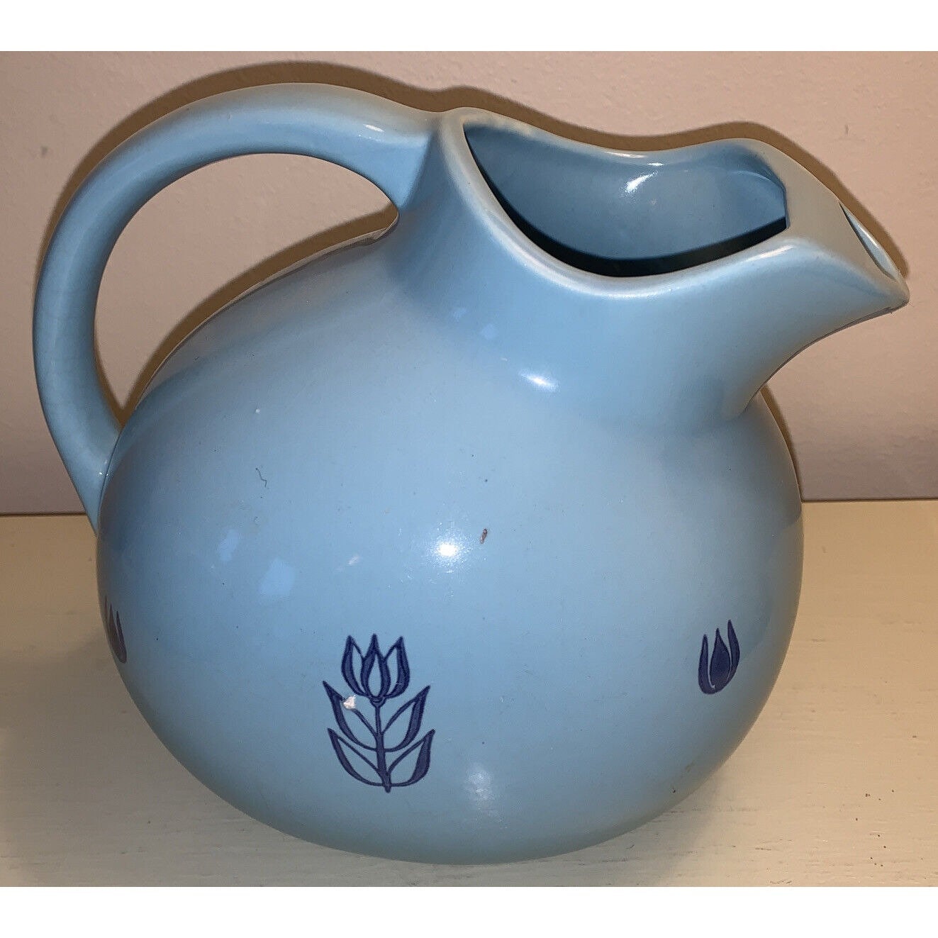 Vintage Cronin/cameron USA Pottery Blue Tulip Ball Pitcher W/ Ice Lip ...