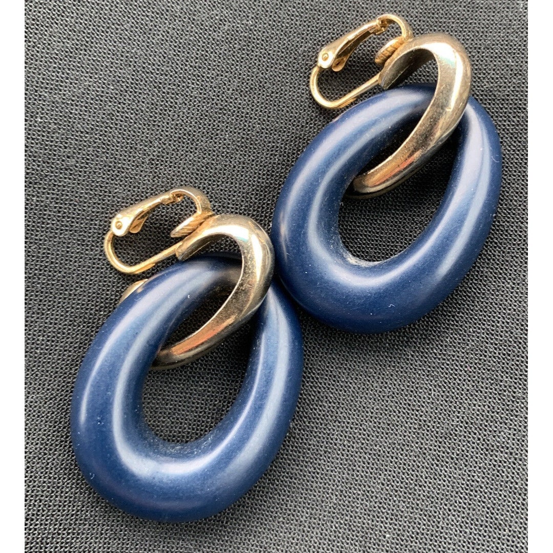 Vintage 80s Goldtone Navy Blue Hoops Clip on Earrings - Etsy
