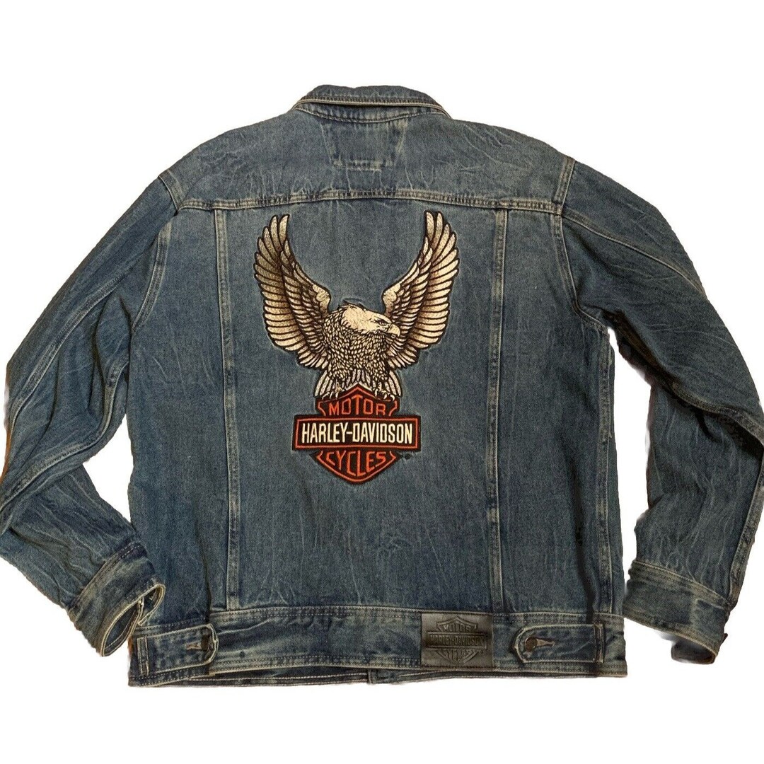 Harley Davidson Embroidered Blue Jean Jacket Men's Size Large Eagle ...