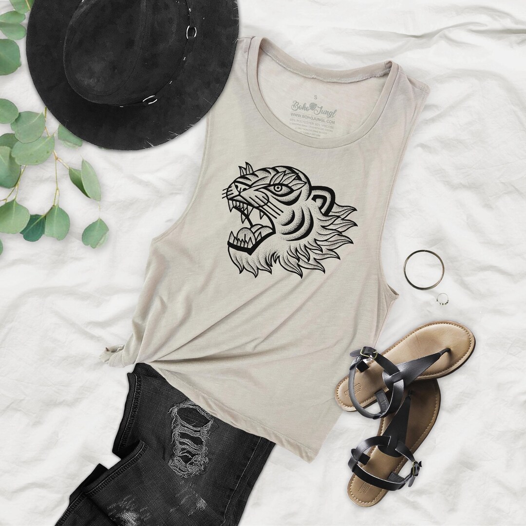 Traditional Tiger Stipple Art Design Flowy Womens Premium Muscle Tank ...