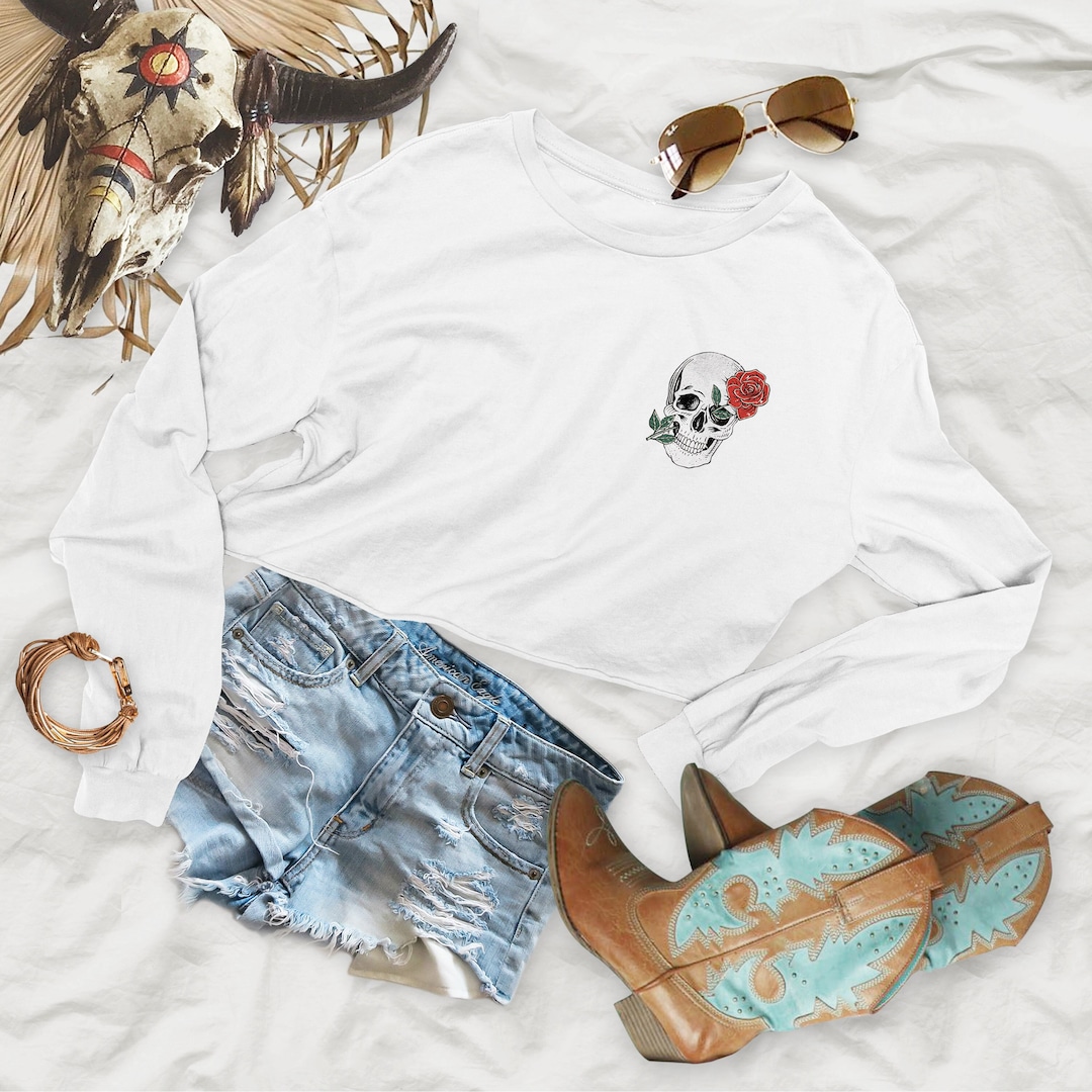 Skull and Rose Punk Rock Pocket Design Womens Cropped Long Sleeve Tees ...