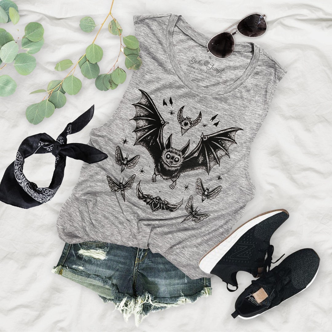 Traditional Bats and Moths Artwork Flowy Womens Premium Muscle Tank Top ...