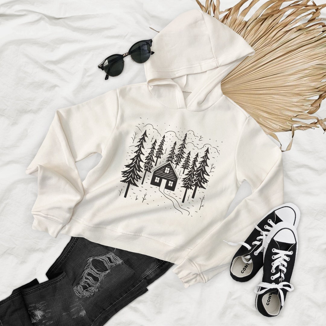 Winter Forest Cabin Linocut Design Women's Pullover Hoodie - Etsy