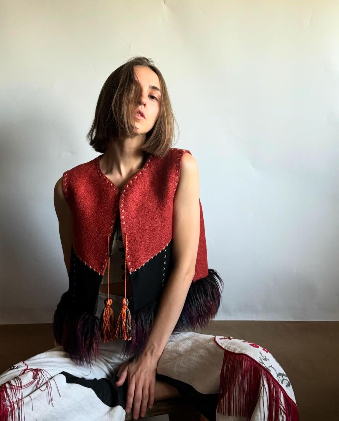 Wool Vest With Faux Fur and Handmade Embroidery,ethnic Vest, Handmade ...