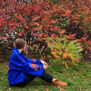 Blue Wool Cape With Long Sleeves With Exclusive Handmade Paintings and ...